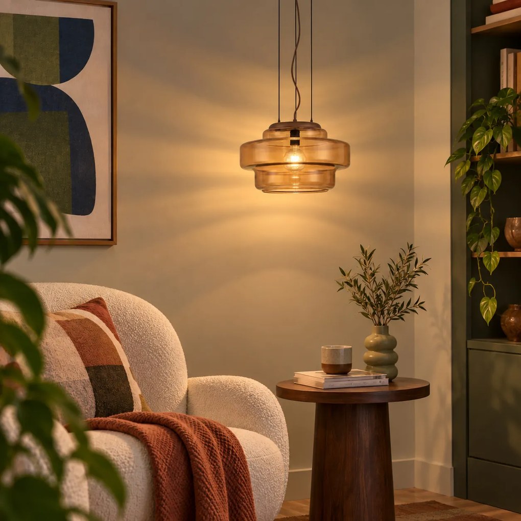 Retro závěsná lampa tmavý bronz s jantarovým sklem - Barb