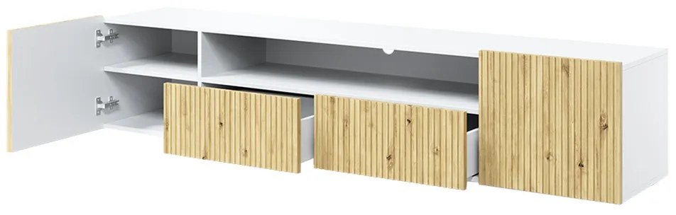Závěsný TV stolek Nicole 200 cm s výklenkem - bílá / dub artisan