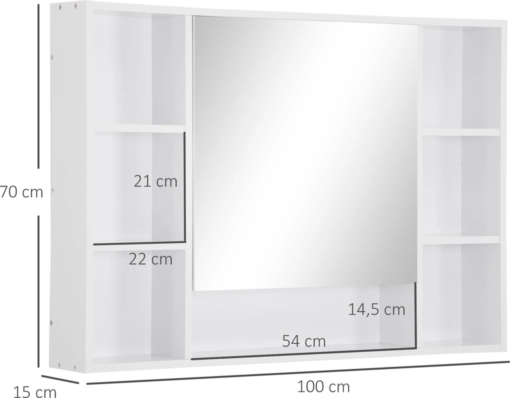 Kleankin koupelnové zrcadlo s otevřenými policemi a zrcadlovými dveřmi skříňky, úsporná bílá koupelnová skříňka, 100x15x70cm