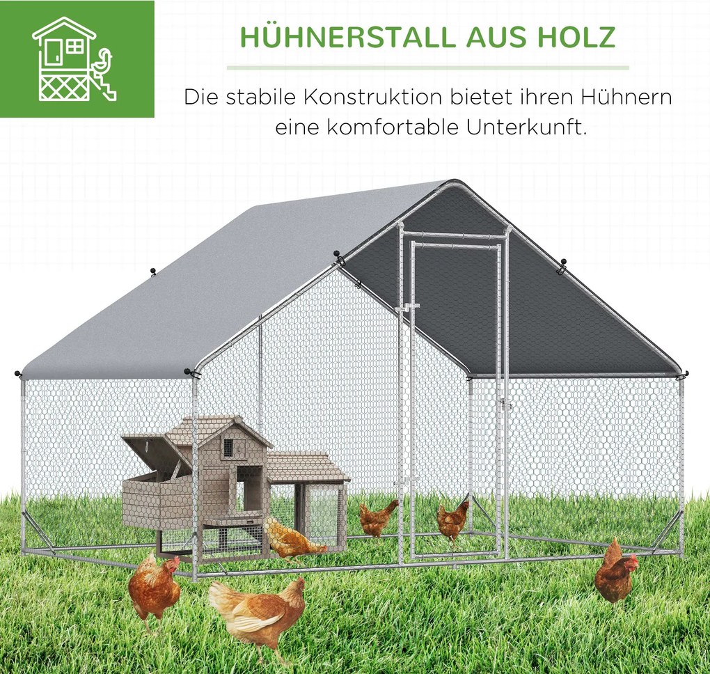 Ocelový kurník PawHut pro volný chov kuřat, 300 x 200 cm, klec pro kuřata s víkem, dvířka, výběh pro 4-6 kuřat, malá zvířata, stříbrný