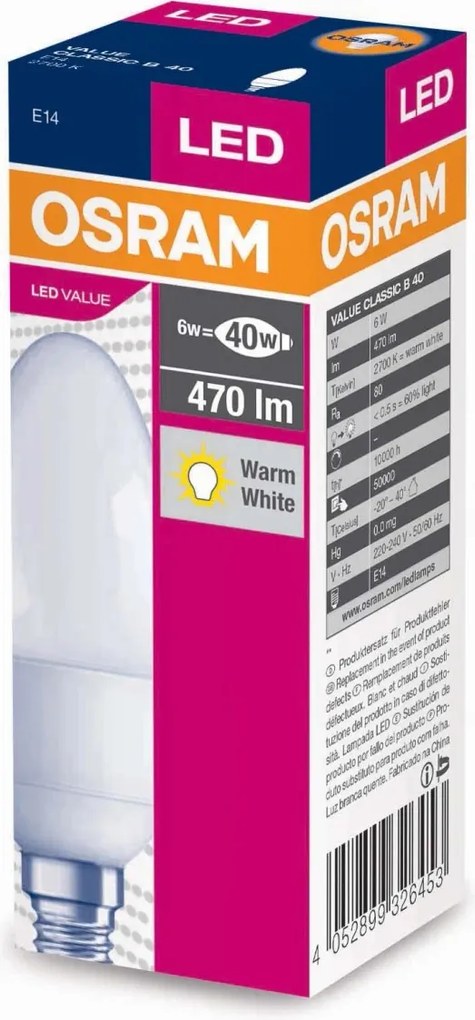 OSRAM LED žárovka VALUE Classic 5 W B40 teplá bílá