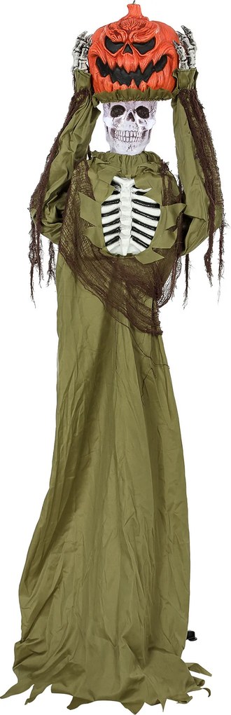 HOMCOM Animovaný vyskočivý dýňový kostlivec, 173 cm, strašidelná halloween dekorace se světlem a aktivací zvukem a dotekem