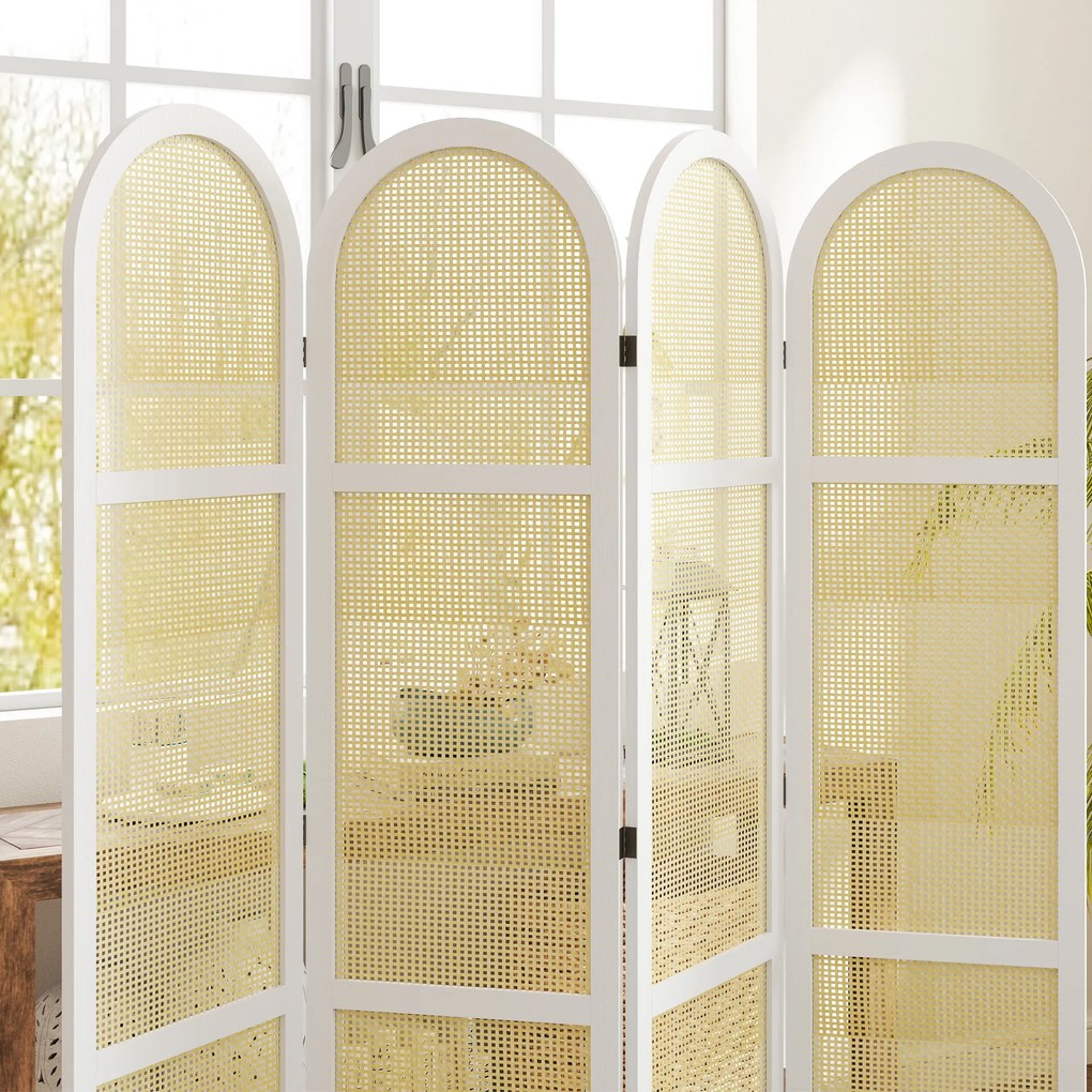 HOMCOM Dřevěná Příčka do Interiéru 4 Panely 170 x 160 cm, Skládací a Přenosná, Ručně Tkaný Vzor, Oddělovací Příčka pro Obývací Pokoj a Ložnici, Bílá