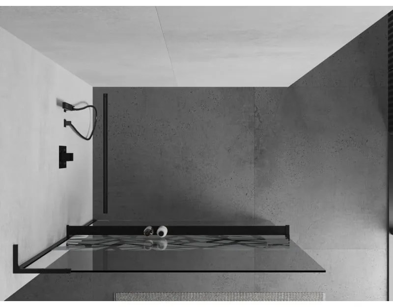 Mexen Kioto+ L, sprchová zástěna Walk-In s poličkou a věšákem 110 x 200 cm, 8mm čiré sklo bílý vzor, ​​černý profil, 800-110-123-70-85