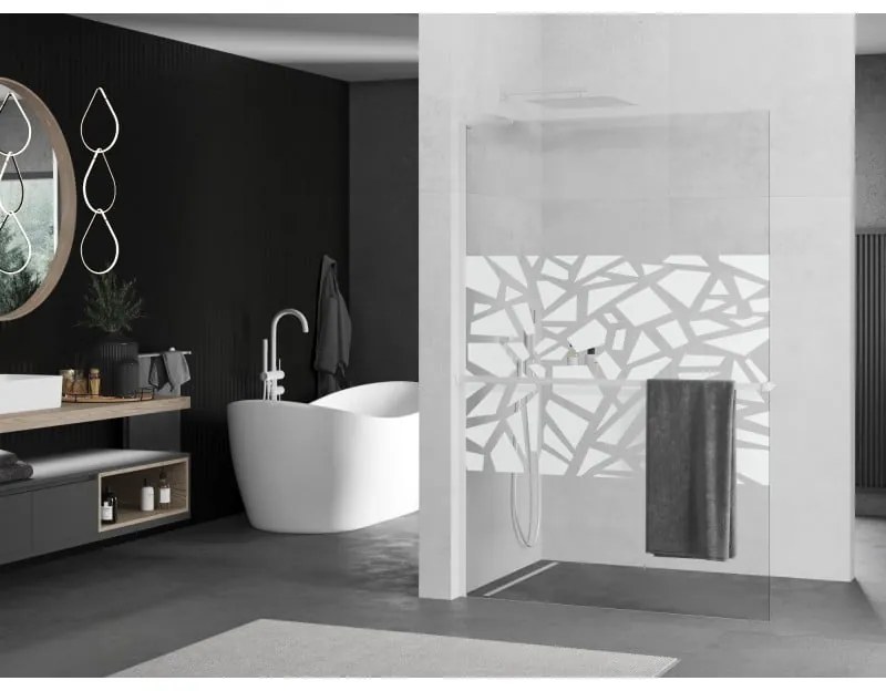 Mexen Kioto+ L, sprchová zástěna Walk-In s poličkou a věšákem 120 x 200 cm, 8mm čiré sklo bílý vzor, bílý profil, 800-120-123-20-85