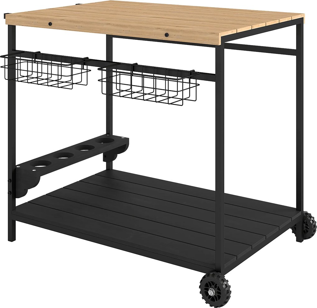 Dřevěný pojízdný servírovací vozík Outsunny s 2 policemi, 2 kovovými koši a držáky na víno pro zahradu a patio 97,5x65x81 cm Přirozená a Černá | Aosom