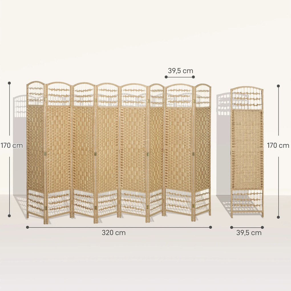 HOMCOM vnitřní paravent z dřeva, dělicí stěna skládací, 8 panelů, 320 x 170 cm, přírodní dřevo
