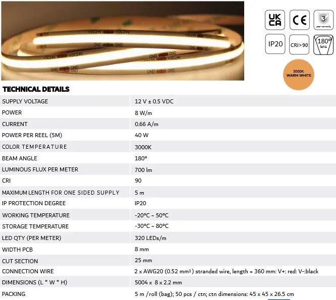 Profi LED pásek COB MW Lighting UQS-COB-8W-WW-12V 12VDC, 3000K, 12V, 5m, IP20, teplá bílá