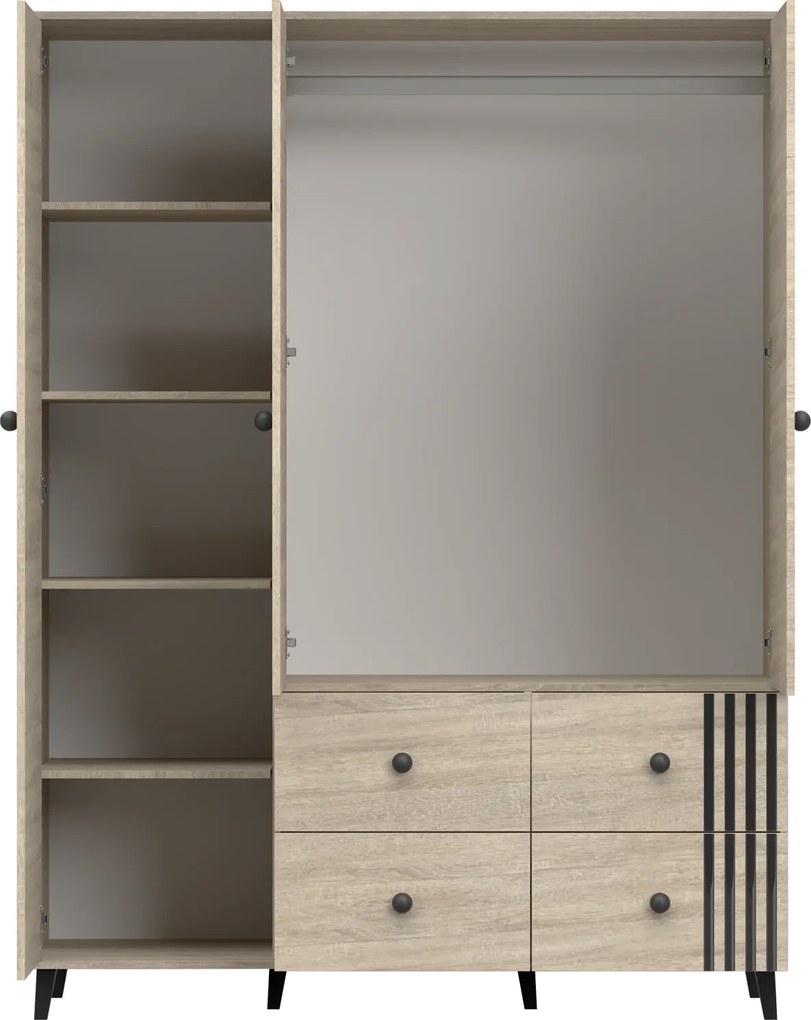 IDZ Šatní skříň FOX 4S3D 19, 150 cm Dub Sonoma/Černá