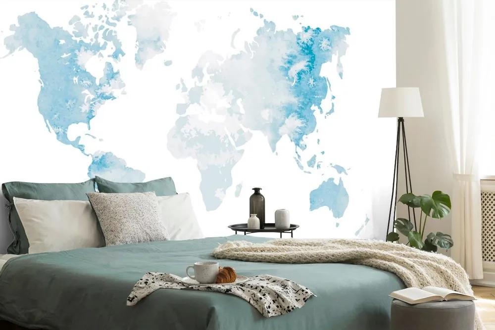 Samolepící tapeta akvarelová mapa světa ve světle modré barvě - 300x200 cm