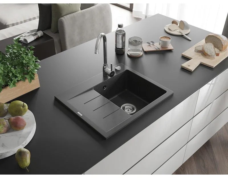 Mexen Ben, 1-komorový granitový dřez 600x500x190 mm, pravý + chromový sifon, černá skvrnitá, 6523605000-76