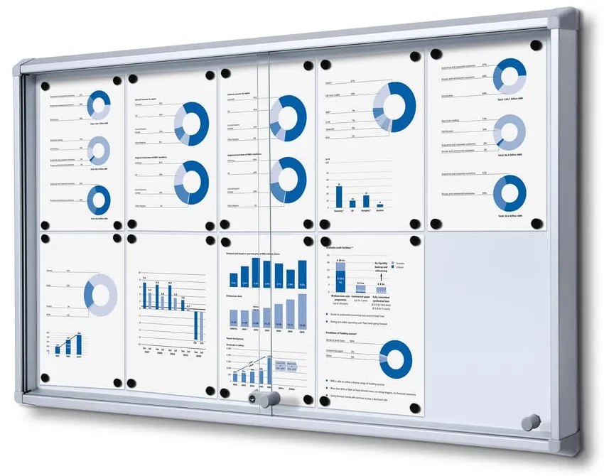 Interiérová informační vitrína s posuvnými dveřmi 10 x A4 - plechová záda, hliník