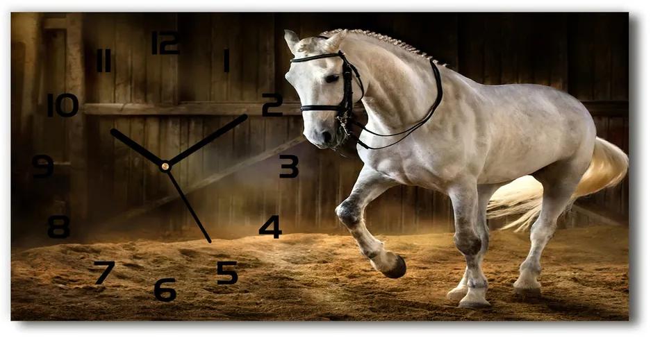 Wallmuralia Skleněné hodiny na stěnu Bílý kůň ve stáji 60x30 cm