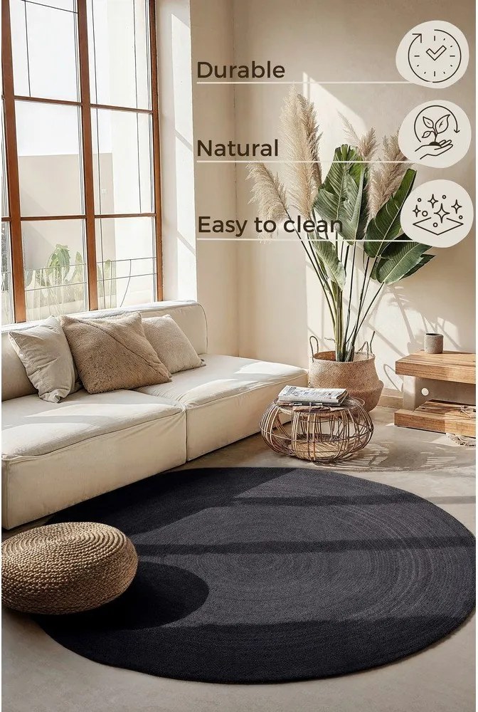 Černý oboustranný/ručně tkaný jutový kulatý koberec ø 200 cm Braided – Hanse Home