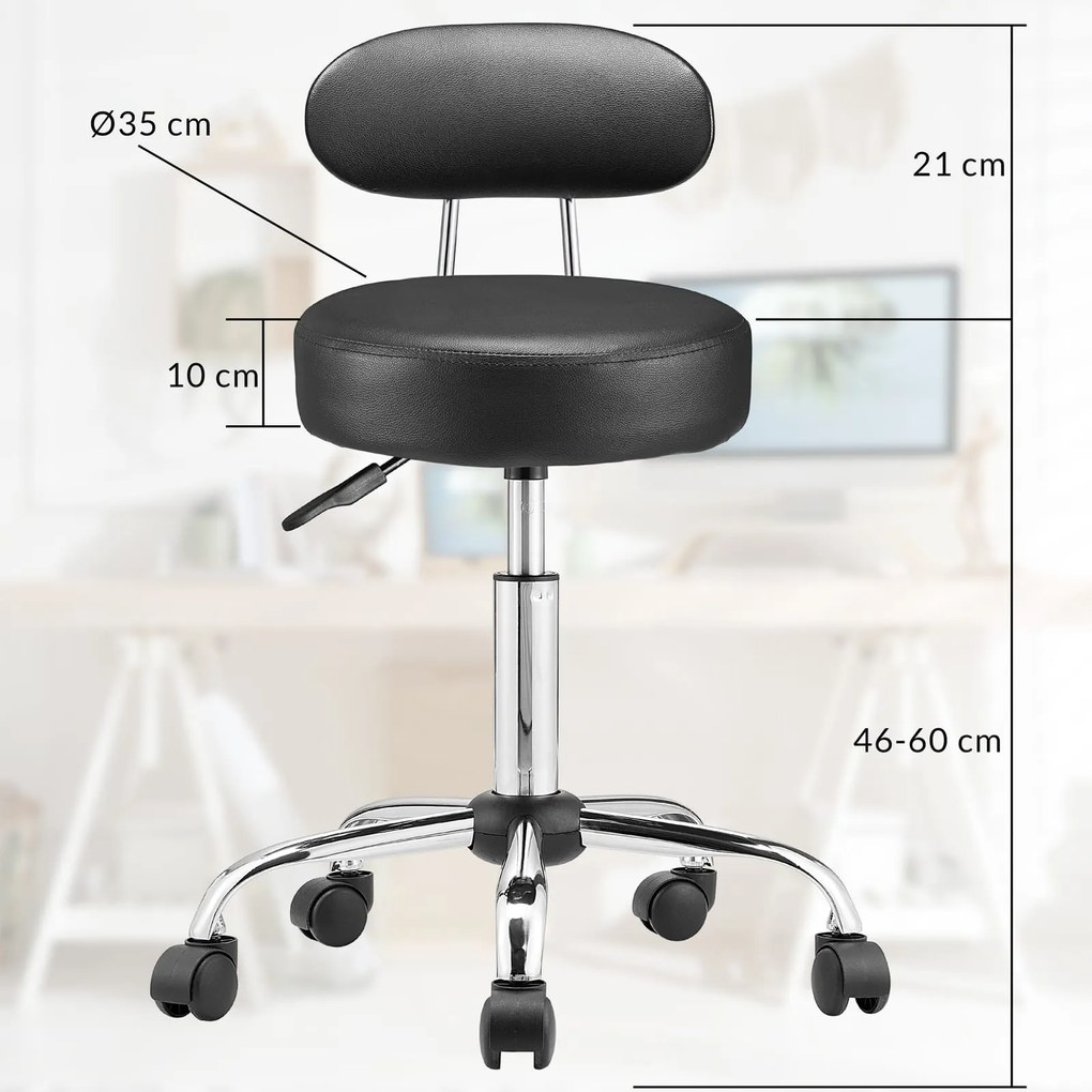 Taburetka na kolečkách s opěradlem ROLAND, Ø35cm, černá Casaria