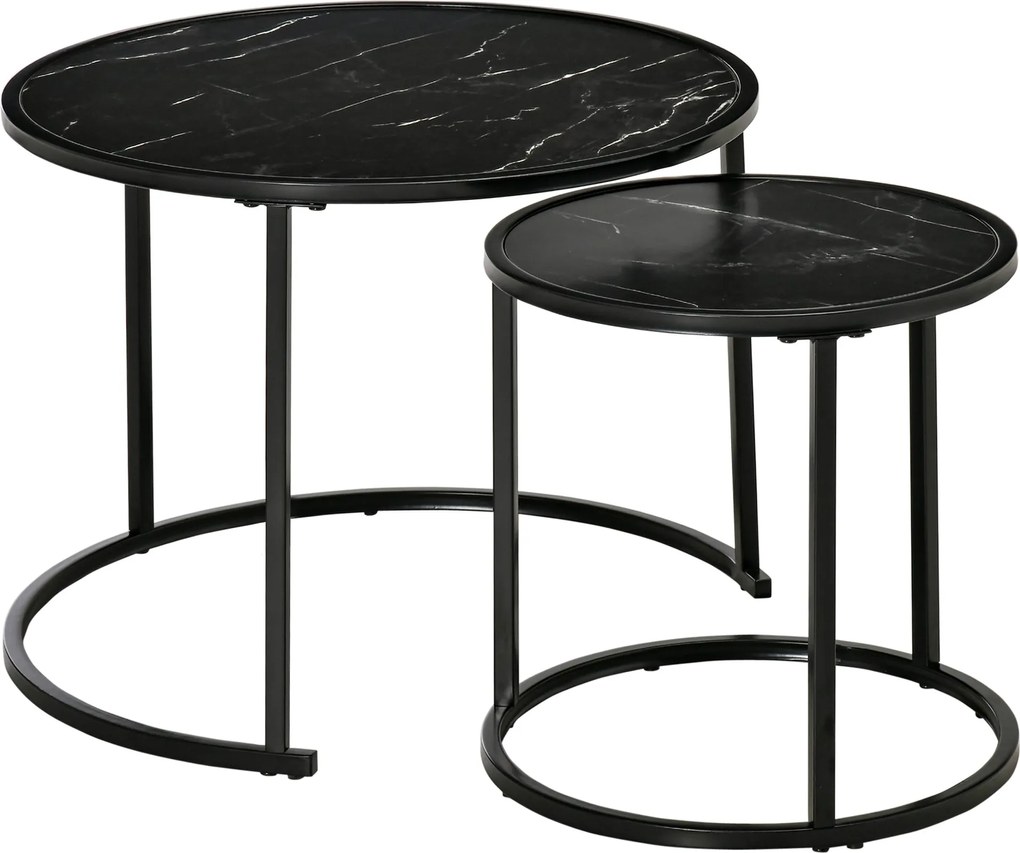 HOMCOM Sada 2 moderních stohovatelných kulatých stolů s deskou z imitace mramoru a ocelovým rámem Ø60x46 cm a Ø40x40 cm černá | Aosom
