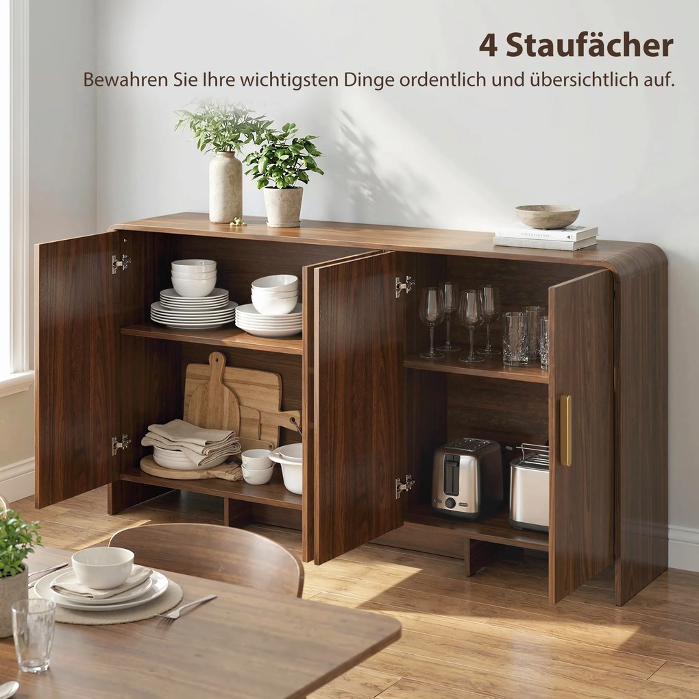 HOMCOM moderní komoda 152 cm, kredenc se 4 úložnými přihrádkami, tlumené dovírání, ořechová