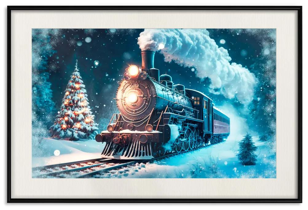 Plakát Vánoční lokomotiva - vlak jedoucí nočním zasněženým lesem
