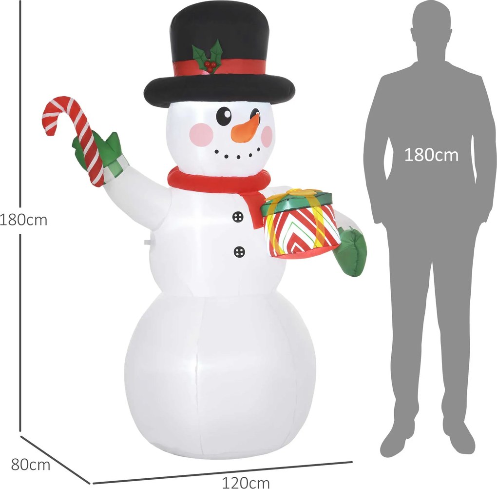 Outsunny 1,80 m sněhulák s cukrovou hůlkou a dárkem, samonafukovací, s LED, odolný proti povětrnostním vlivům