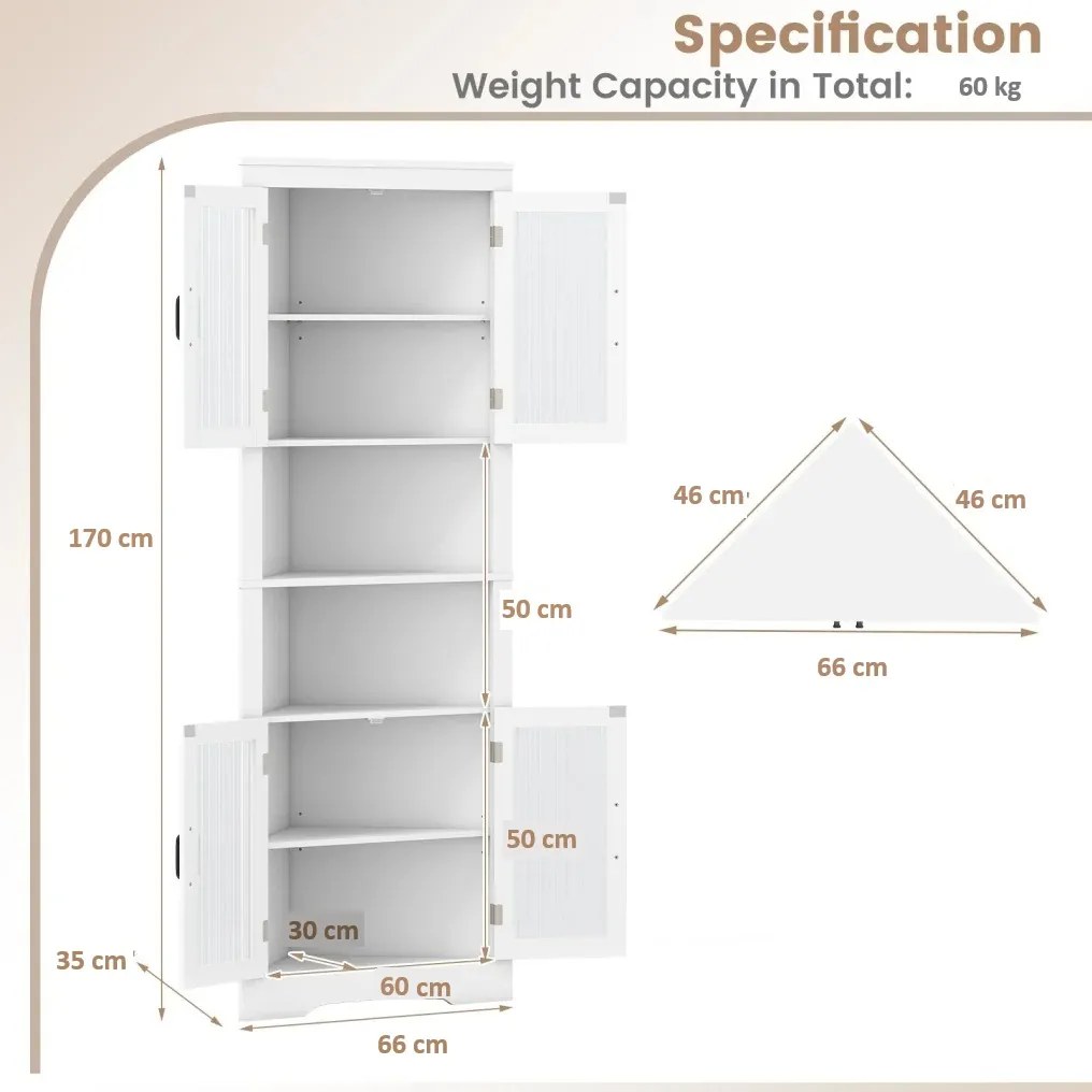 Costway Rohová skříňka s policemi bílá, 170 x 35 x 60 cm JV12319WH