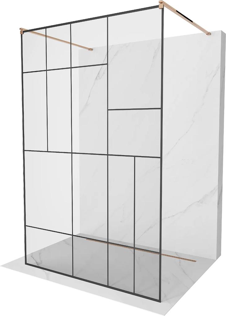 Mexen Kioto, průchozí sprchová zástěna 110 x 200 cm, 8mm sklo čiré/černý vzor, 2x růžové zlato stabilizační rozpěra, 800-110-002-60-78