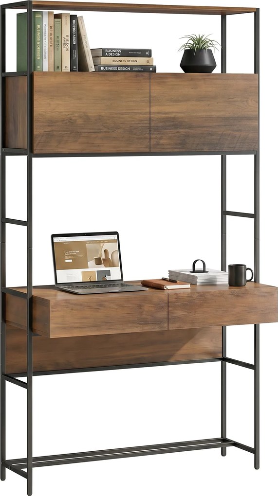 HOMCOM Computer Desk with 2 Drawers, 39.4 in W x 17.7 in D x 72.8 in H — Storage Cabinets & Open Shelves, Modern Small-Space Home Office Desk, Brown W