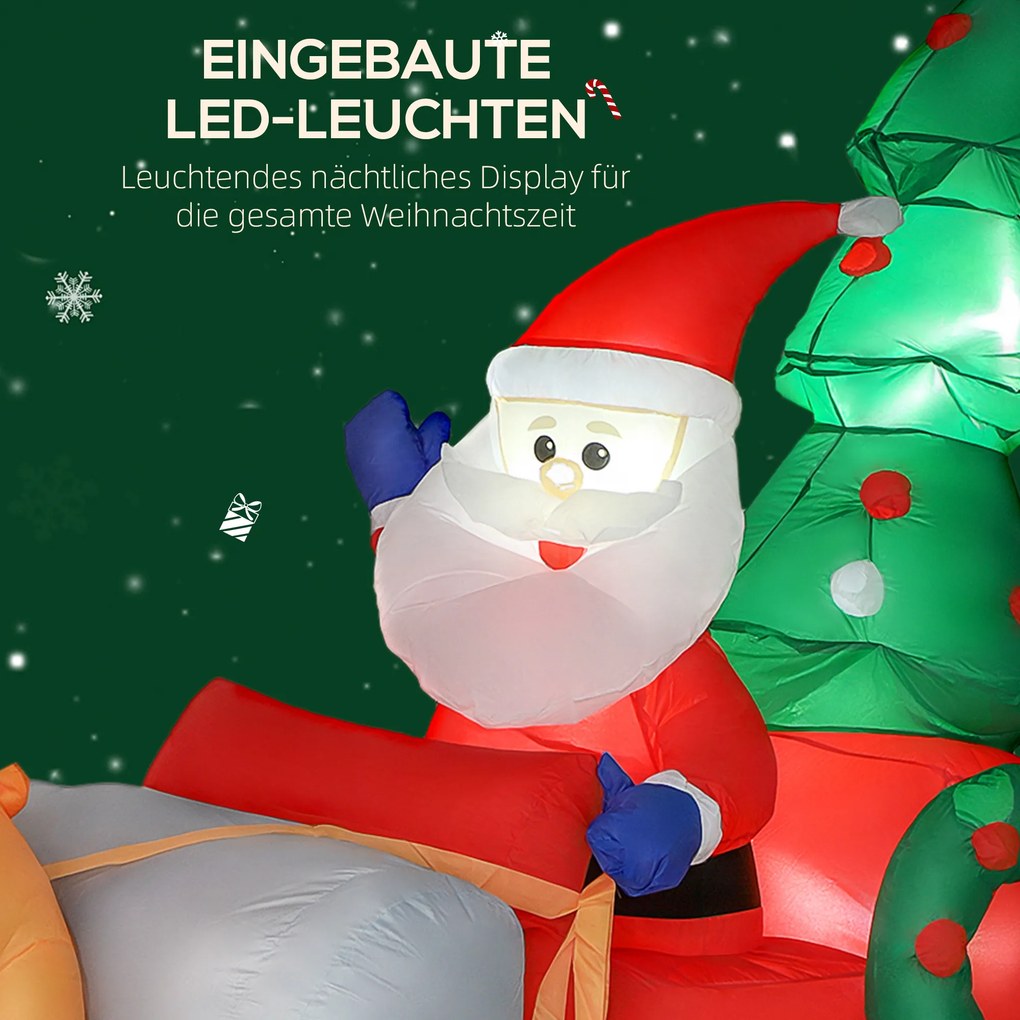 Outsunny Nafukovací vánoční dekorace, Santa Claus v sobím saních, polyesterová látka, LED světla, barevné