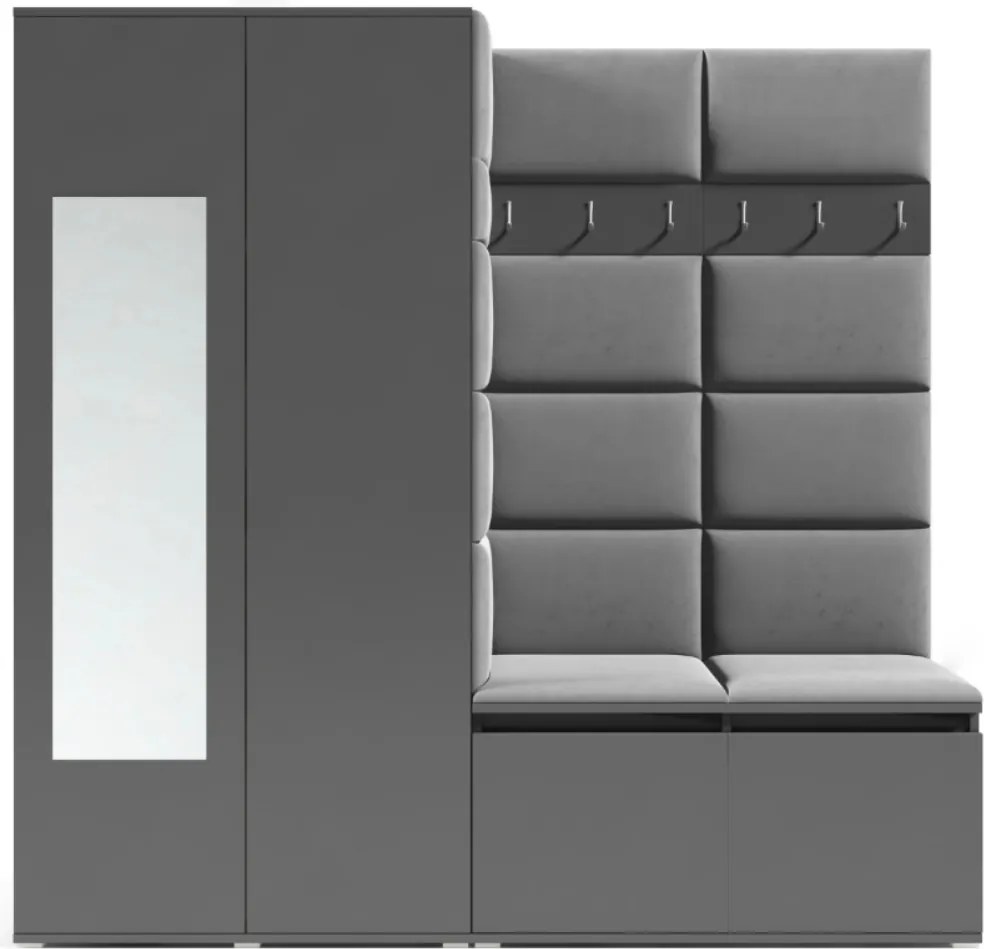 Předsíňová stěna Trinity 8 s čalouněnými panely, 190 cm, grafit/ šedá
