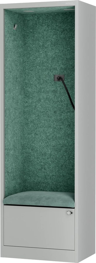 Kancelářská akustická kabina se sedátkem a USB-C portem, korpus šedý / sedák zelený, 600 mm: SALLY MentalBox