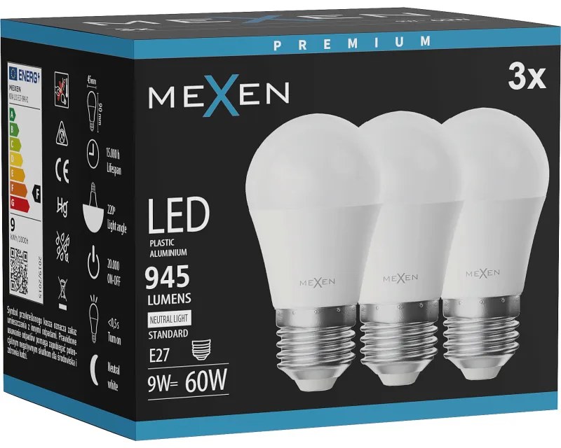Mexen Nova 3x LED žárovka E27, G45, 9W, Neutrální - 4000K, 945 lm - L101-E27-0940-01x03