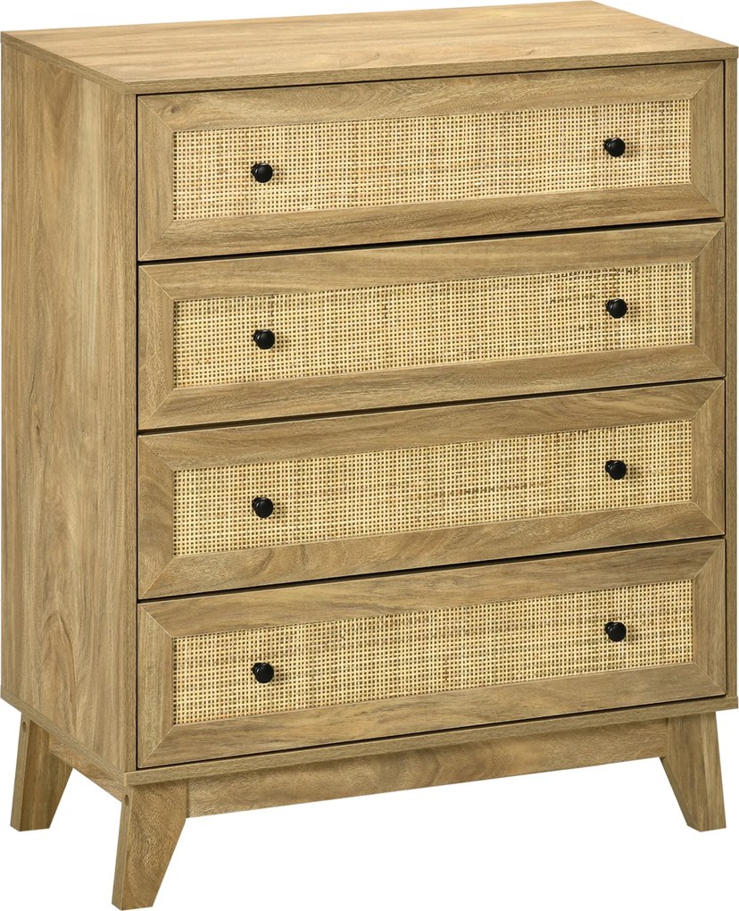 HOMCOM Úzká komoda se 4 zásuvkami a rattanovými předními deskami - 80x35x95 cm | Aosom