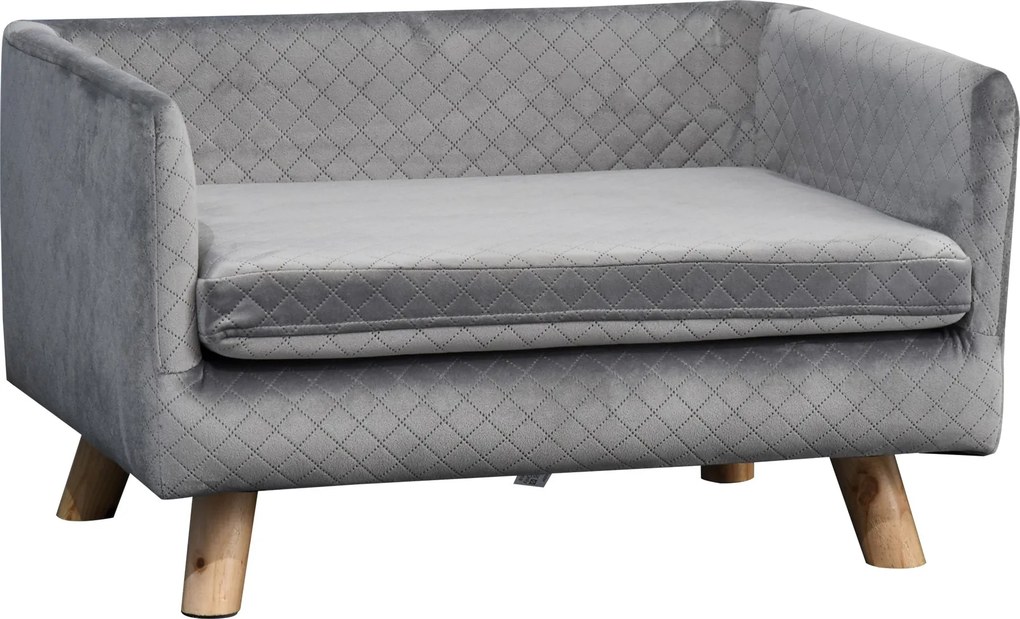 PawHut Psí Pohovka s Dřevěnými Nohami pro Malé Psy do 8 kg, Sametové Provedení, Šedá, 64 x 45 x 36 cm | Aosom