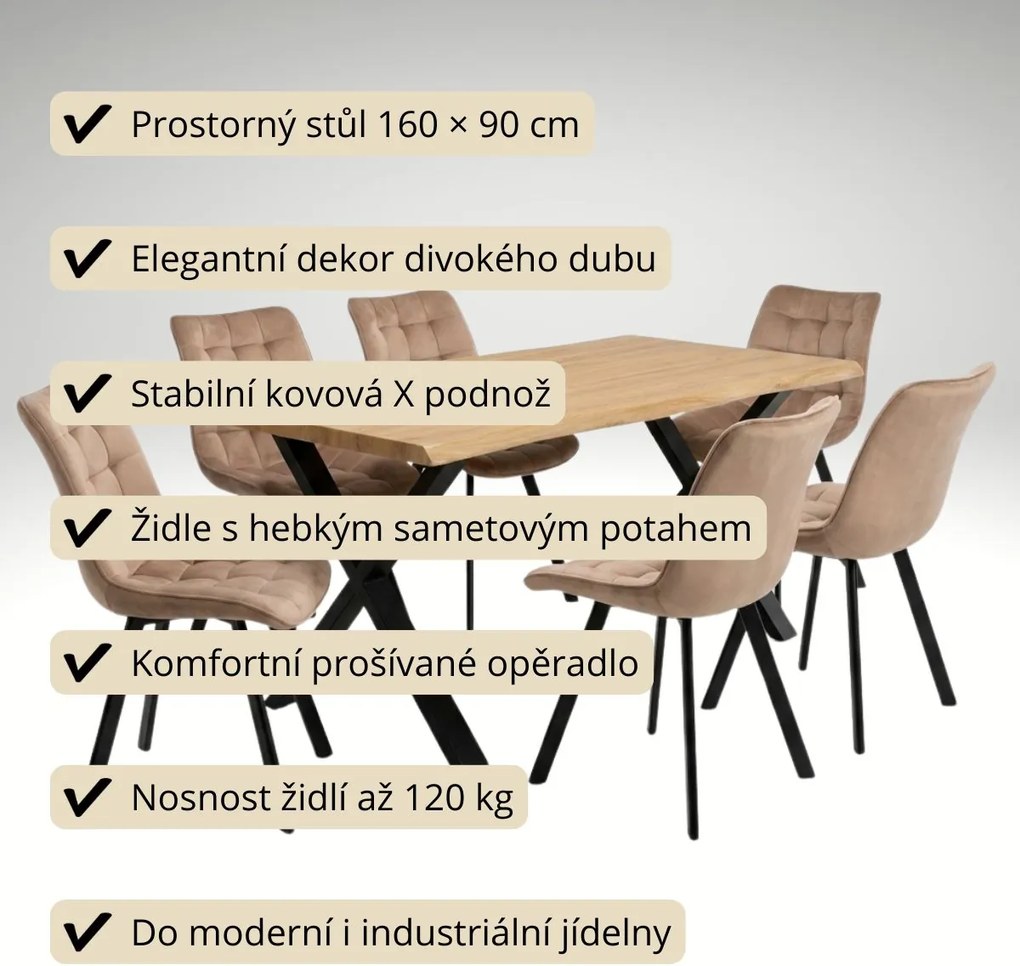 Vikio Jídelní set pro 6 osob 160x90 cm dub noha X béžová židle VJS236-6BE-S