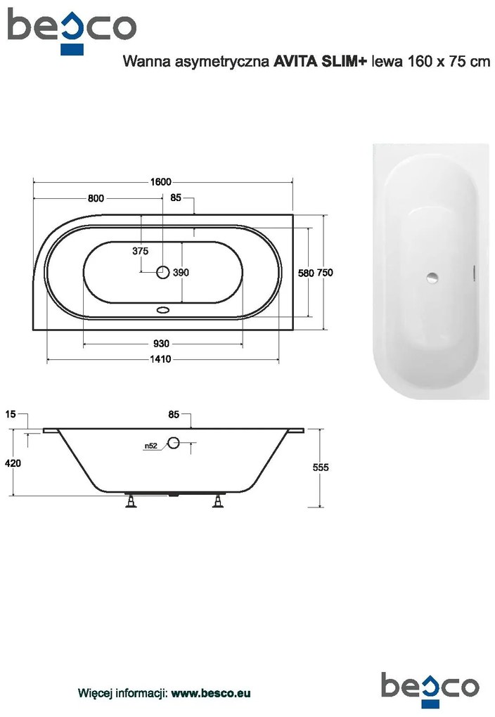 BESCO Asymetrická vana AVITA SLIM+ Nožičky k vaně - Bez nožiček, Rozměr vany - 160 × 75 cm, Způsob provedení - Levé - VANAVIT16SLIMLP