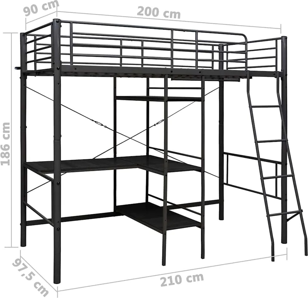 Rám poschoďové postele se stolem černý kov 90 x 200 cm 287907