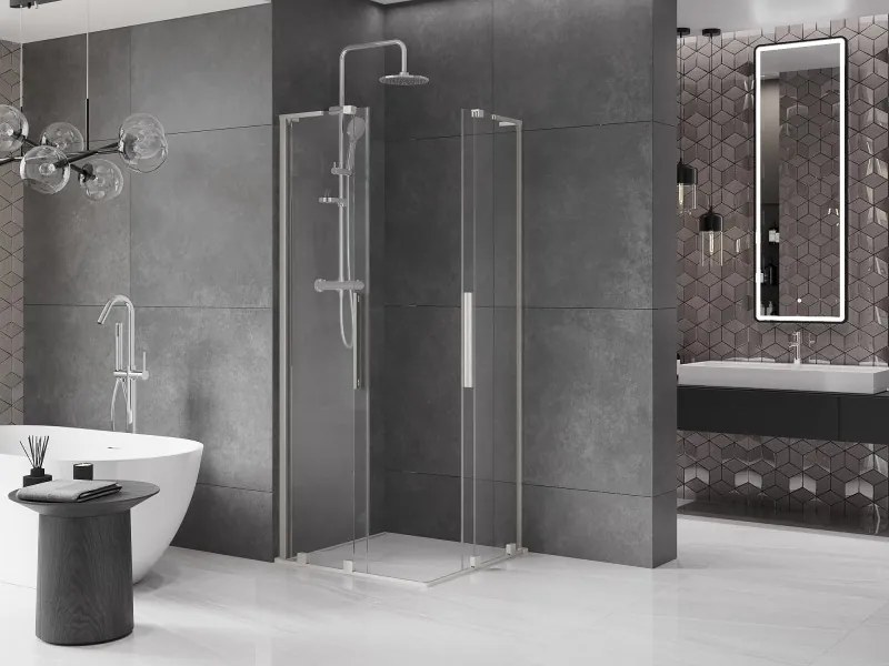 Mexen Velar L Duo, sprchový kout s posuvnými dveřmi 100 x 100 cm, 8mm čiré sklo, broušená ocel, 871-100-100-02-03-97
