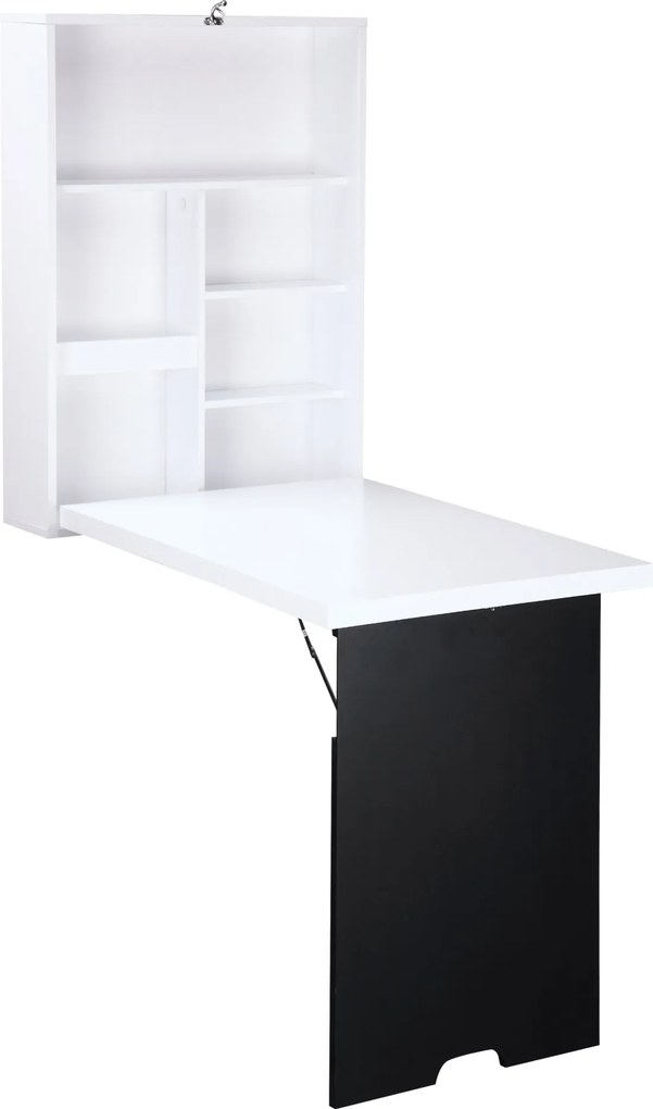 Nástěnný skládací stůl HOMCOM s 5 přihrádkami, bílá a černá deska, 60x94,5x147cm, prostorově úsporný pro domácí kancelář