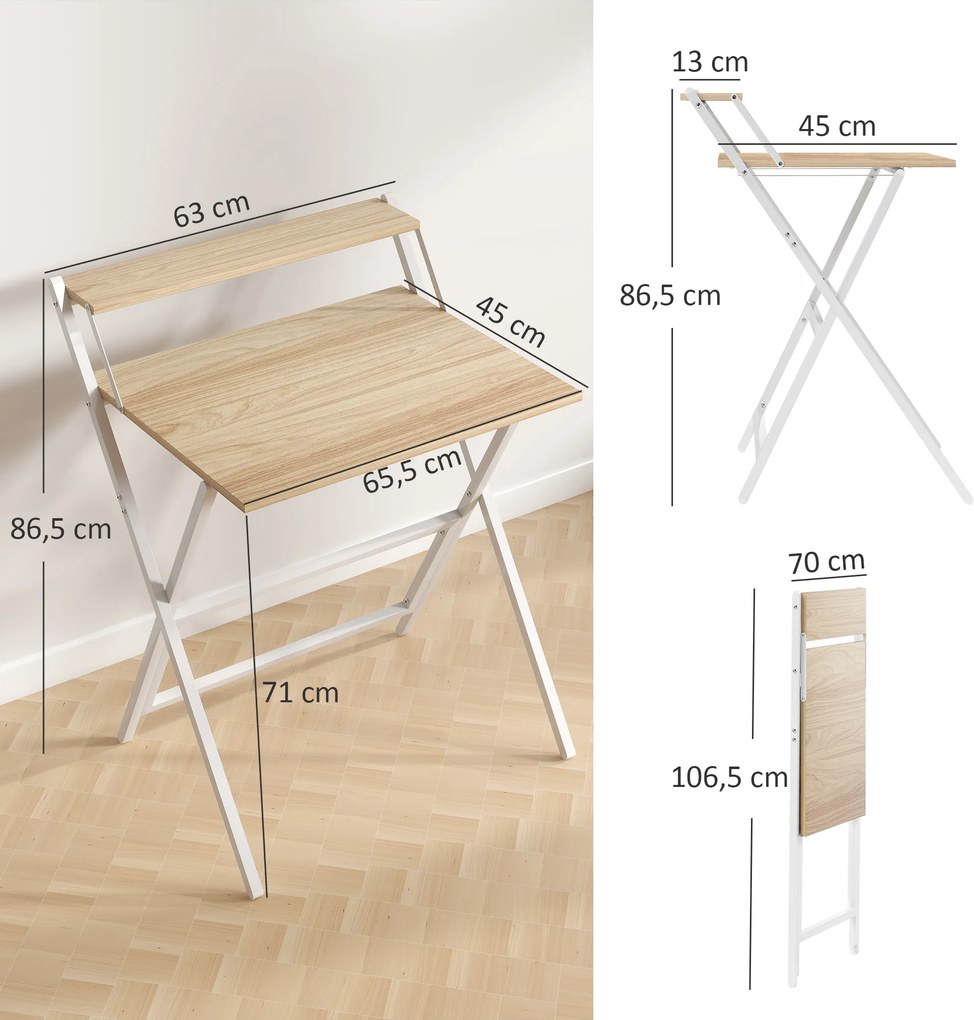 HOMCOM skládací počítačový stůl 65,5 × 45 cm s úložnou policí — kompaktní psací stůl do ložnic a malých prostor, přírodní dřevo
