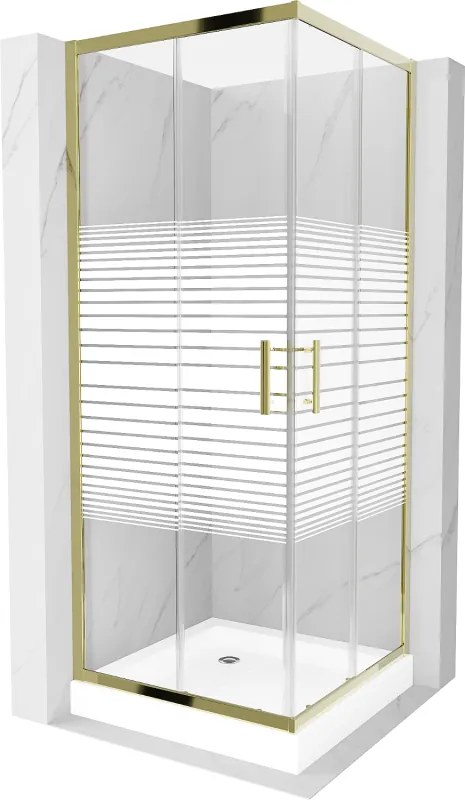 Mexen Rio, čtvercový sprchový kout s posuvnými dveřmi 80 (dveře) x 80 (dveře) x 190 cm, 5mm čiré sklo s pásky, zlatý profil + bílá sprchová vanička RIO, 860-080-080-50-20-4510
