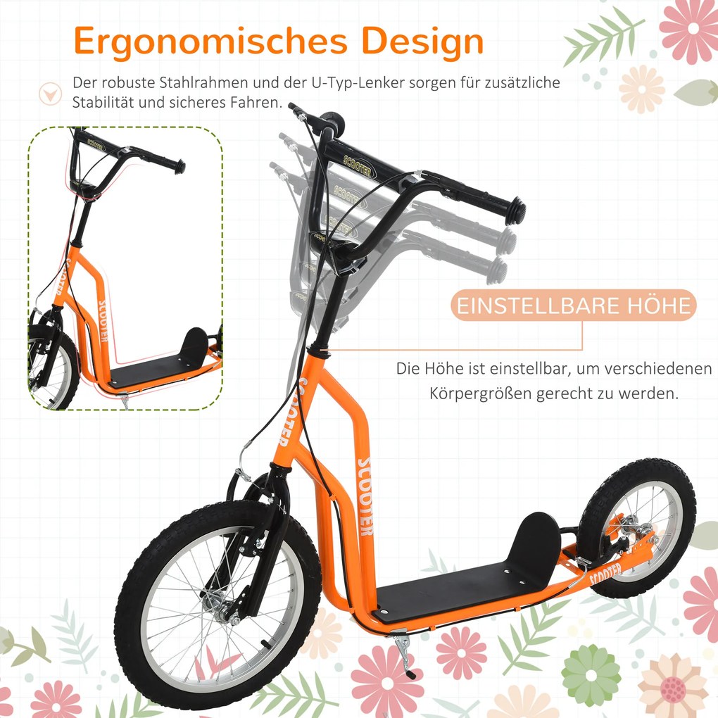 HOMCOM Dětská koloběžka od 5 let koloběžka Městská koloběžka s pneumatikami 16 palců vpředu 12 palců vzadu Oranžová 135x58x88-94 cm