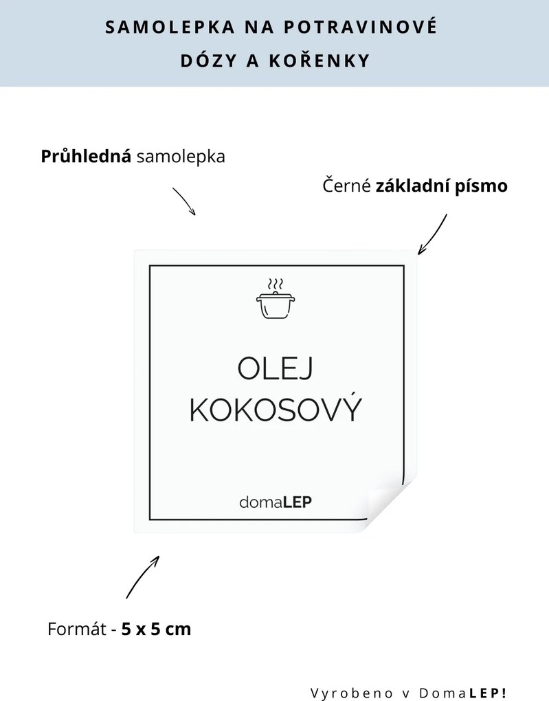 Samolepka na láhev OLEJ KOKOSOVÝ – průhledná, 5 x 5 cm, základní písmo