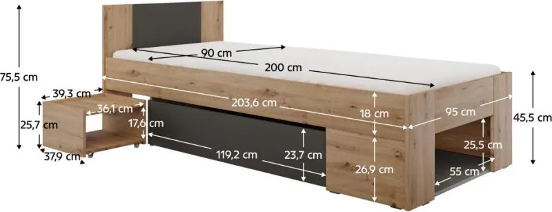 Postel UNIS s úložným prostorem, 90x200, dub artisan/antracit Kondela 0000402518
