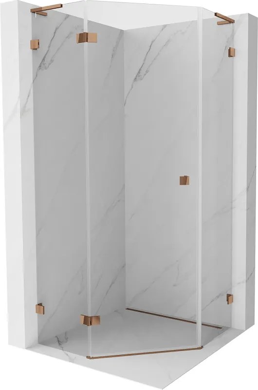 Mexen Lunar, L pětiúhelníkový sprchový kout naklápěcí doleva 80 x 80 cm, 8mm čiré sklo, profil růžové zlato, 831L-080L-080P-60-00-L