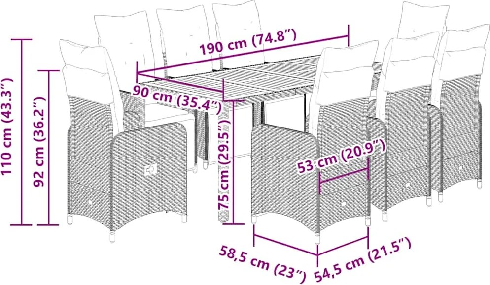 9dílný zahradní bistro set s poduškami černý polyratan 3277132