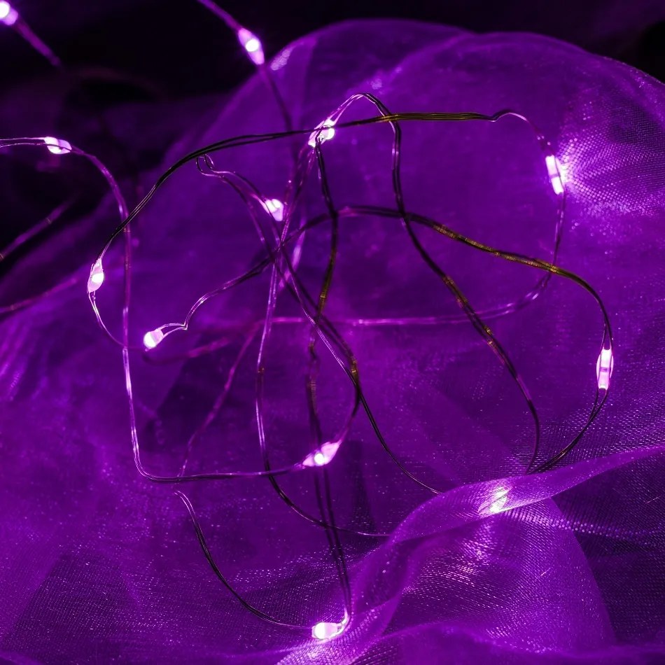 LED světýlka na baterie, kapičky, 2,30 m, růžová, 20 diod, drátek, IP20 interiér, 3 × AA