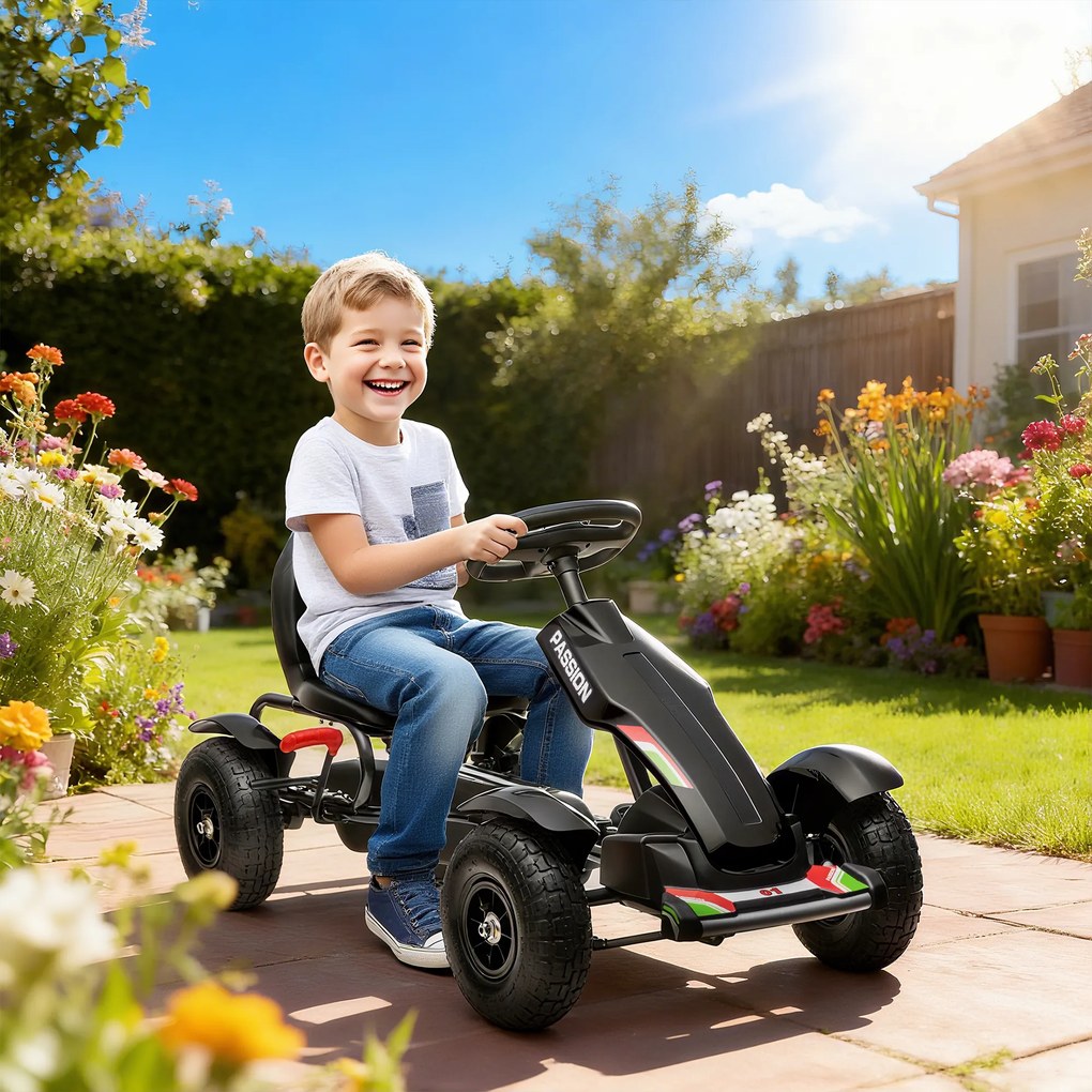 HOMCOM GoKart, šlapací auto, šlapací auto s ruční brzdou, dětské vozidlo s nastavitelným sedadlem, šlapací, kettcar pro 5-12 let, černá