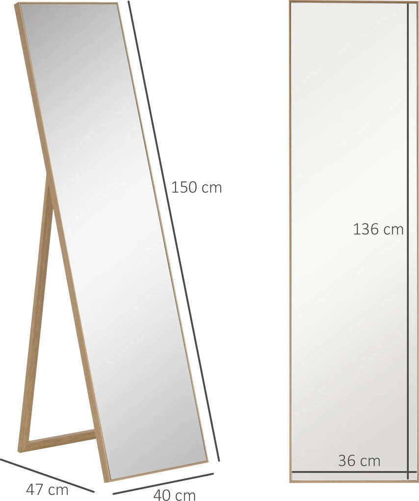 HOMCOM Stojací zrcadlo s dřevěnou strukturou Zrcadlo v plné délce Toaletní zrcadlo Make-up zrcadlo Stříbrná světle hnědá 40 x 35 x 147 cm do ložnice …