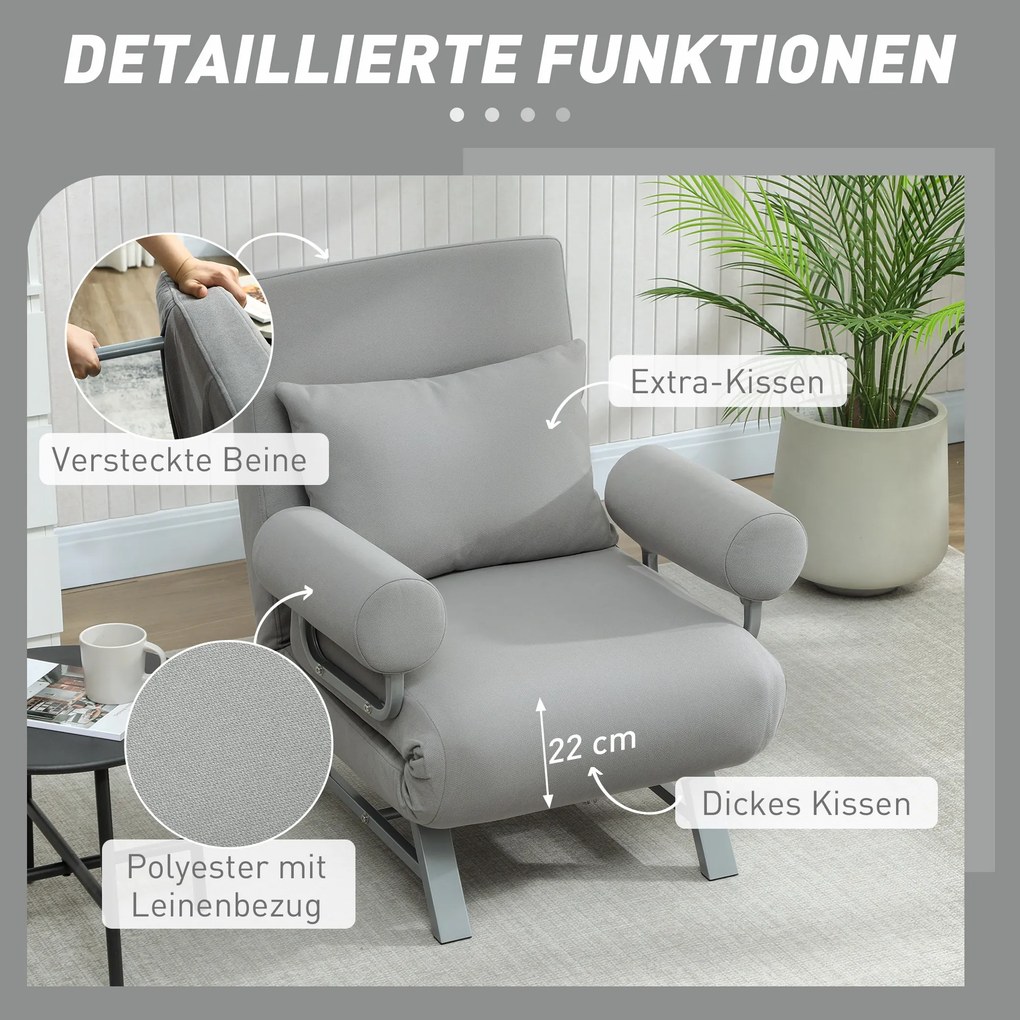 HOMCOM Rozkládací křeslo, čalouněné křeslo, přeměnitelné na postel pro hosty, ergonomické, světle šedé