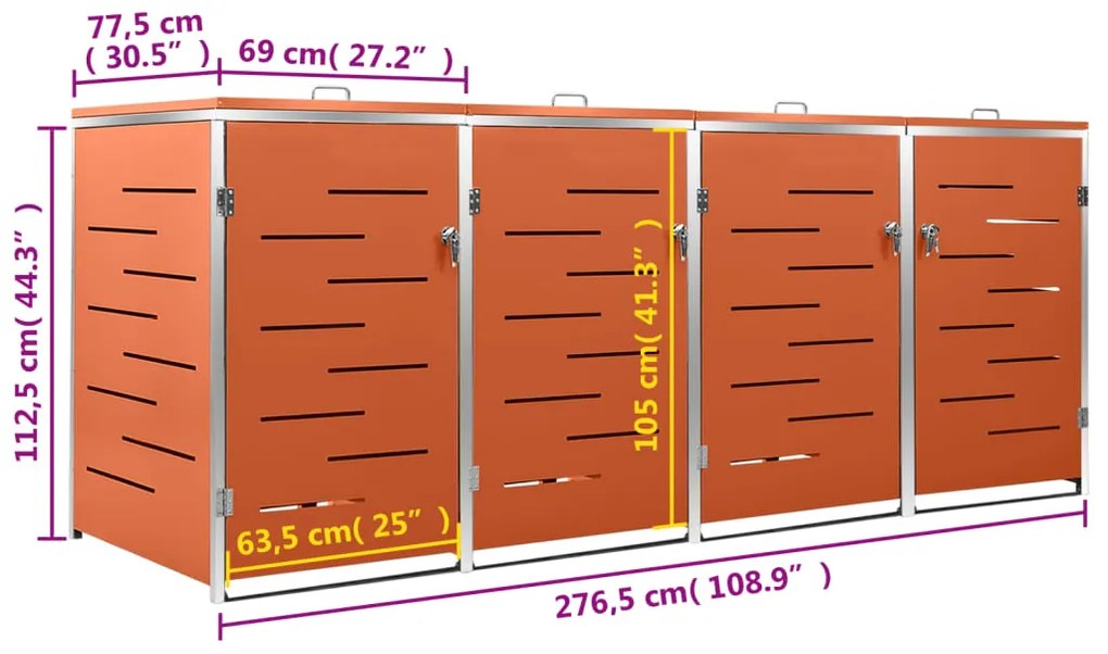 vidaXL Marketos Přístřešek na čtyři popelnice 276,5x77,5x112,5 cm nerezová ocel