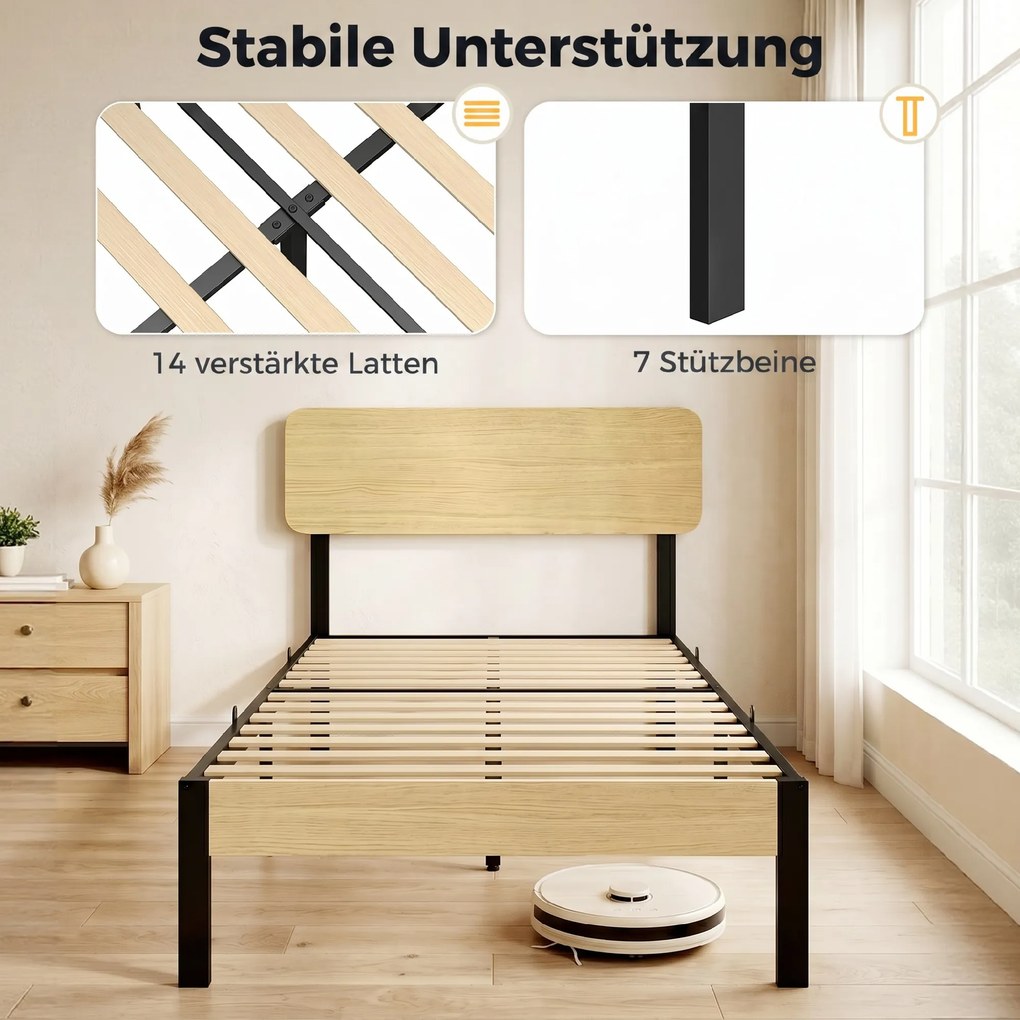 HOMCOM rám postele 90 × 200 cm s čelem u nohou – rošt s úložným prostorem pod postelí, 14 latí, přírodní dřevěný vzhled